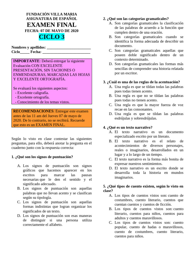 Examen Final Ciclo 3 - 07 Mayo 2020 Español | PDF