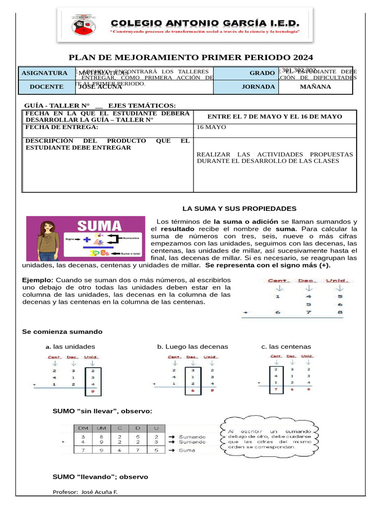 Plan de Mejoramiento Matematicas Grado Terceros | PDF