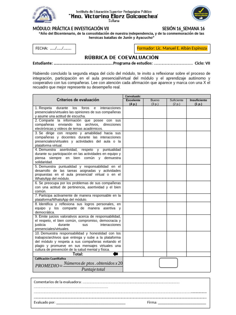 Rúbrica de Coevaluación | PDF