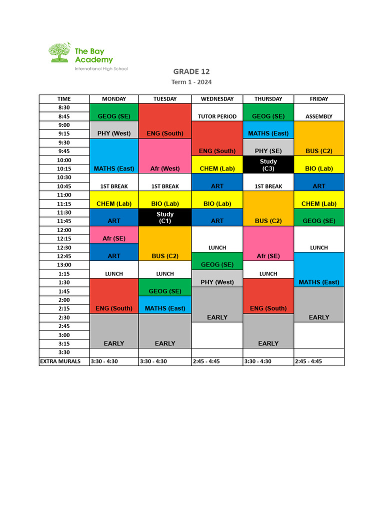 Grade 12 2024 Term 1 Timetable | PDF