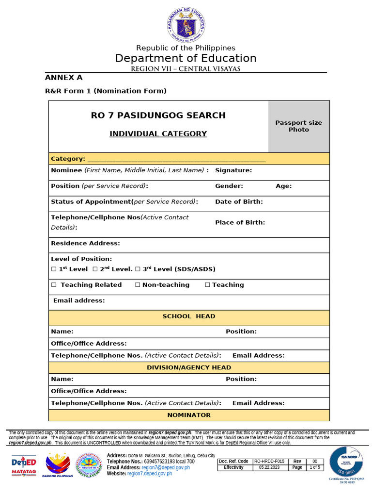 HRDD F015 - Rewards and Recognition RR Form 1 - Pasidungog Nomination ...