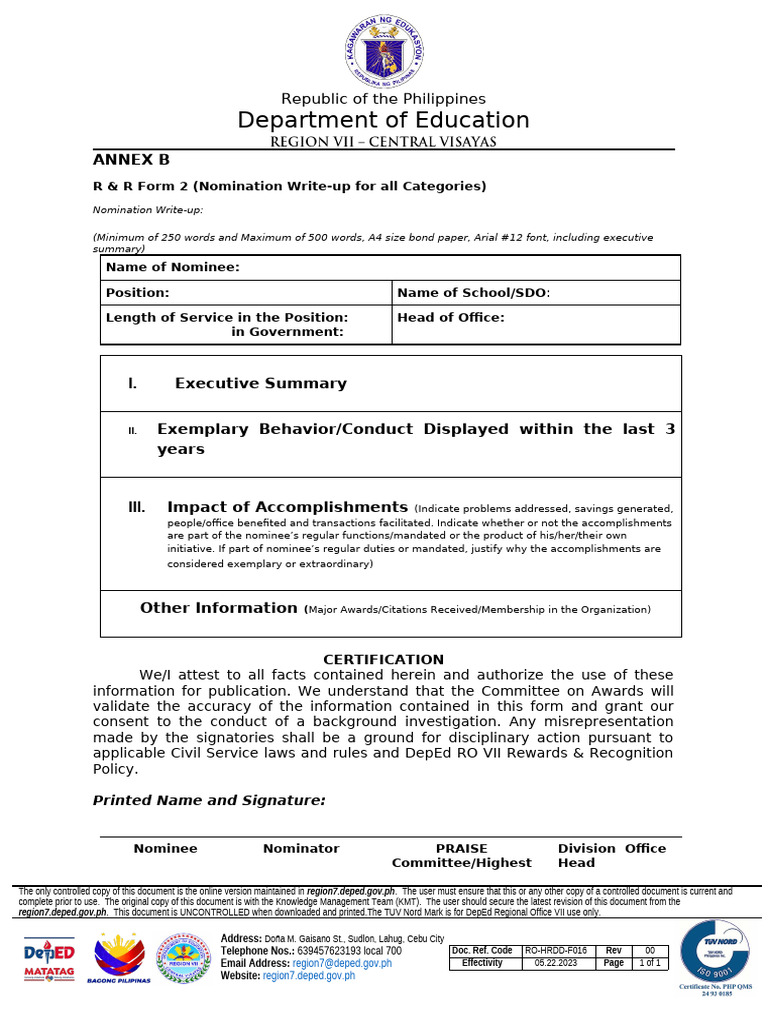 HRDD F016 - Rewards and Recognition RR Form 2 - Nominees Write Ups On ...