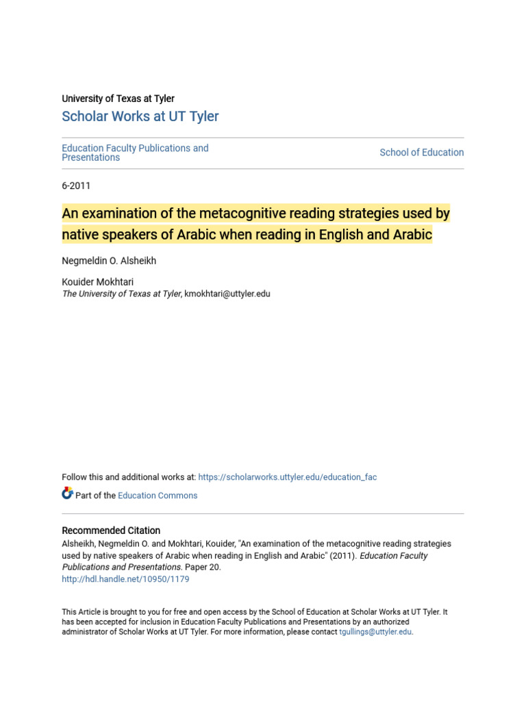 An Examination Of The Metacognitive Reading Strategies Used By Na Pdf