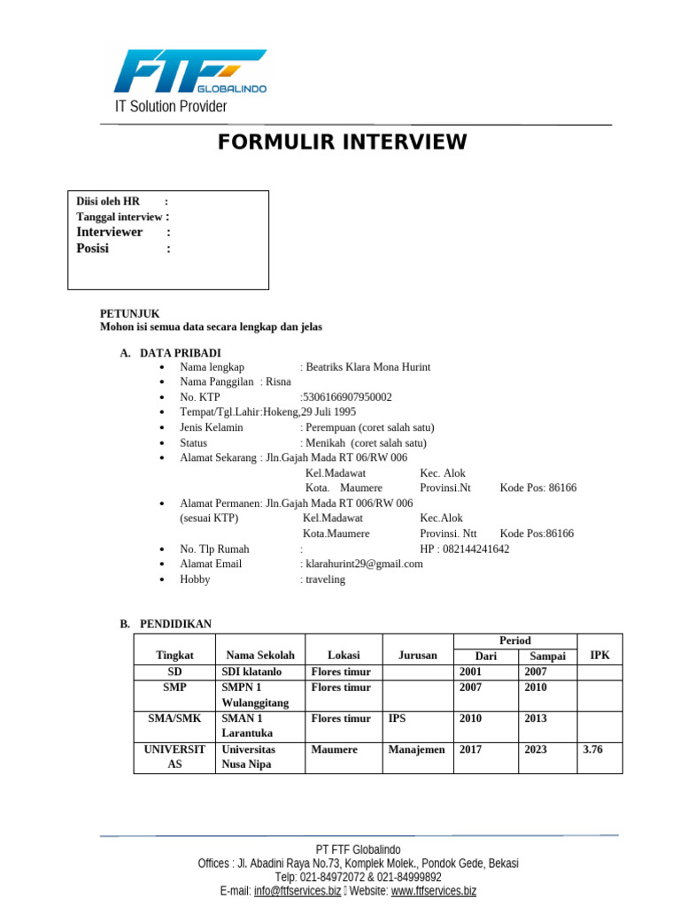 FORM INTERVIEW NEW Beatriks Hurint | PDF