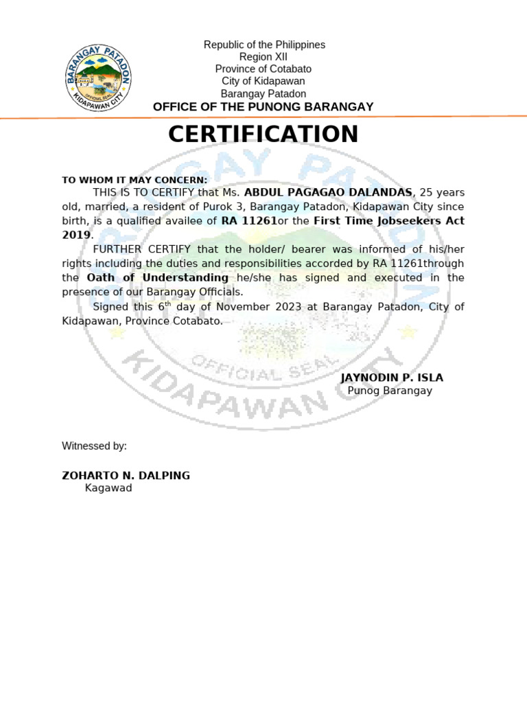 Cert. Brgy. Ra 11261 First Time Job Seekers Abdul Pagagao Dalandas | PDF