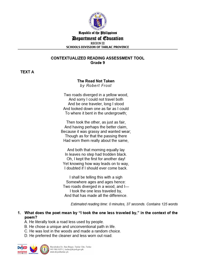 Grade 9. Contextualized Reading Assessment Tool | PDF