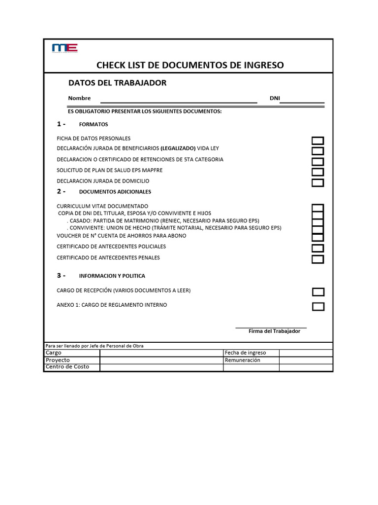 Check List de Documentación - Personal Obrero | PDF