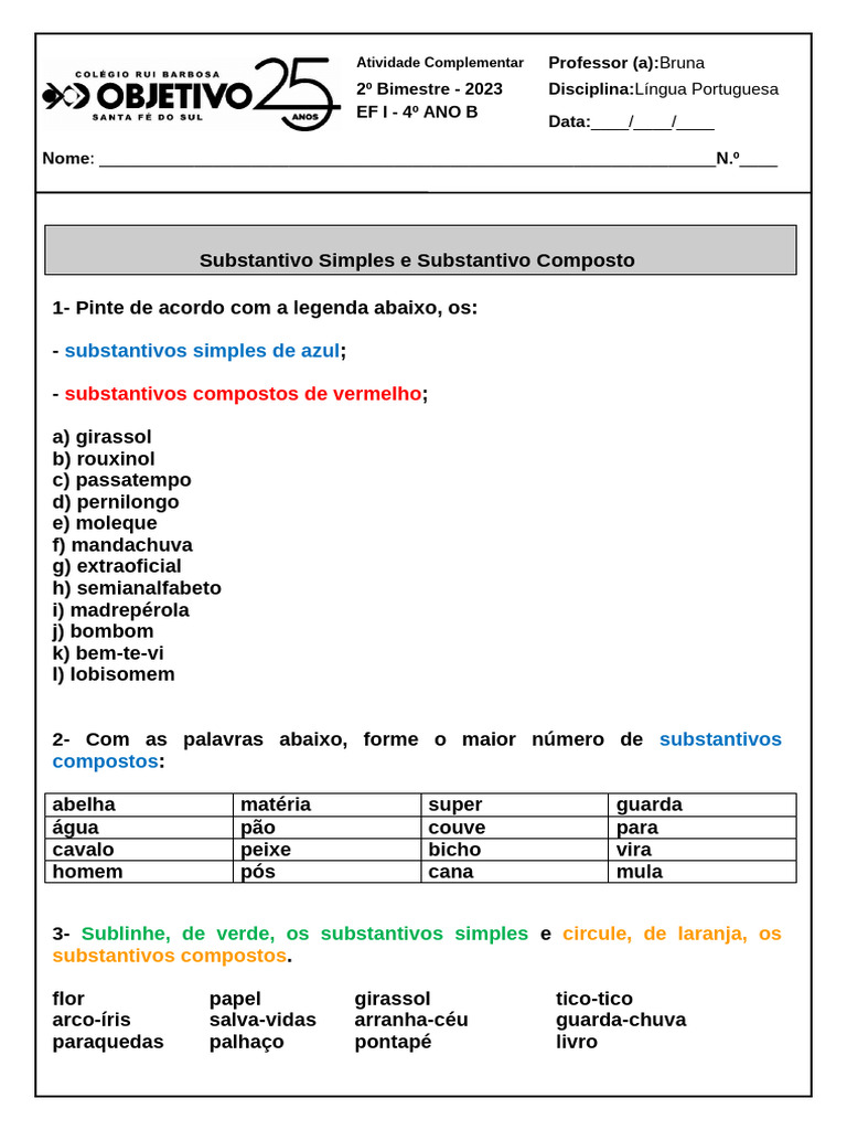 Atividades Substantivo Simples e Composto 4º Ano B | PDF