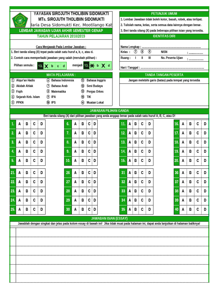 Lembar Jawaban Ujian Sekolah | PDF