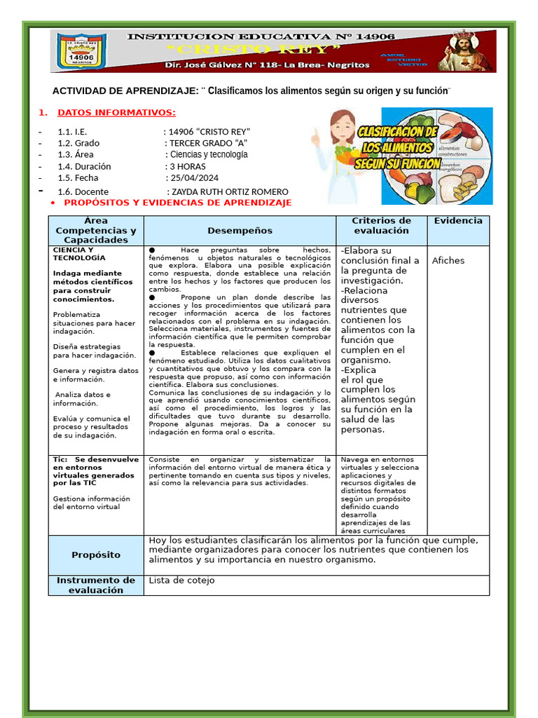 Sesion CYT Clasificamos Los Alimentos Según Su Origen y Su Función 25-04-2024 | PDF ...
