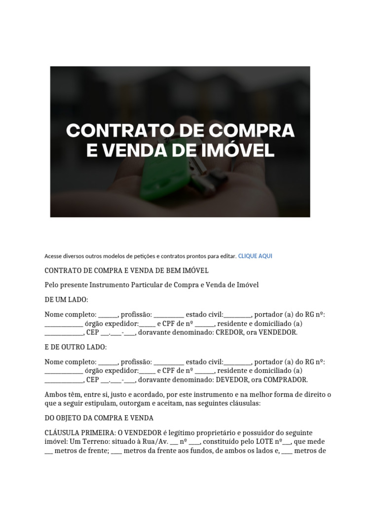 modelo-contrato-de-compra-e-venda-de-bem-imovel-editavel-em-word | PDF