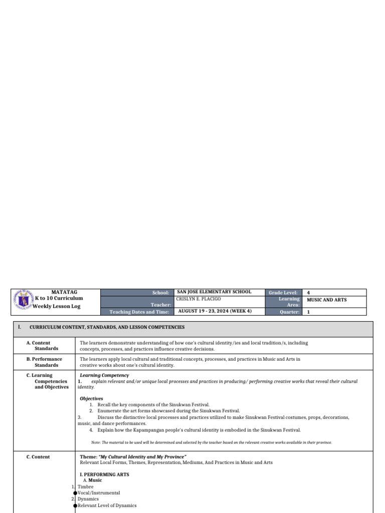 DLL Matatag - Music & Arts 4 Q1 W4 | PDF