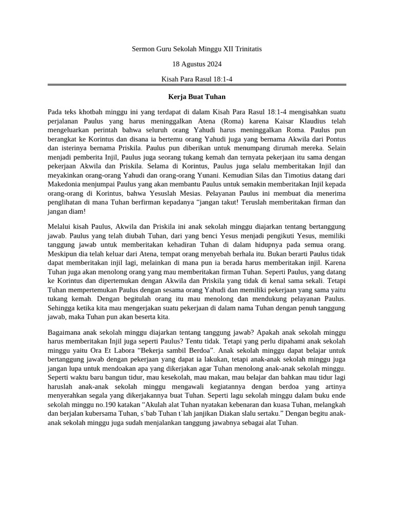Sermon Sekolah Minggu - 18 Dan 25 Agustus 2024 | PDF