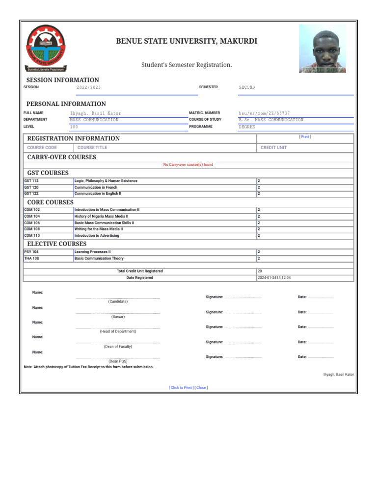 BSU 2022/2023 Semester Registration Form | PDF | Communication | Human Communication