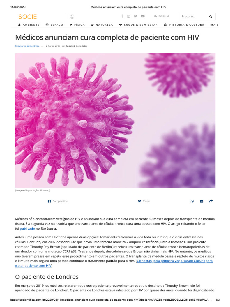 Médicos Anunciam Cura Completa de Paciente Com HIV | PDF