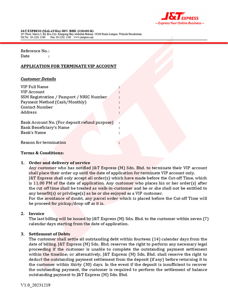 Application For Terminate VIP Account | PDF | Finance & Money Management