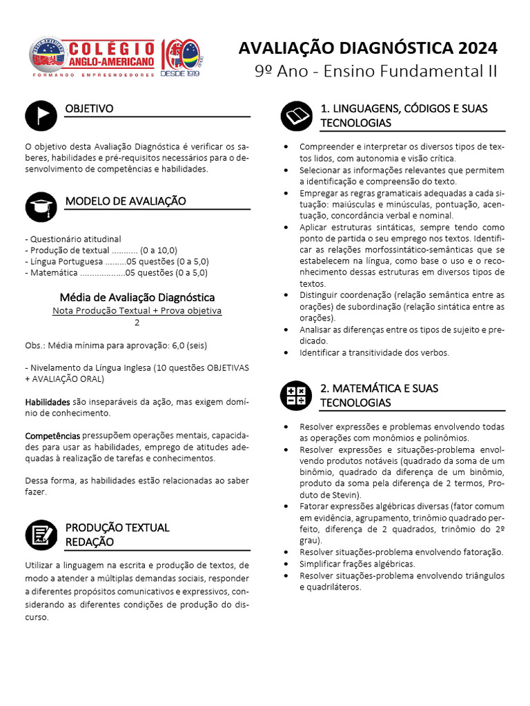 OBJ AVALIACAO DIAGNOSTICA 9o ANO 2024 EFII | PDF