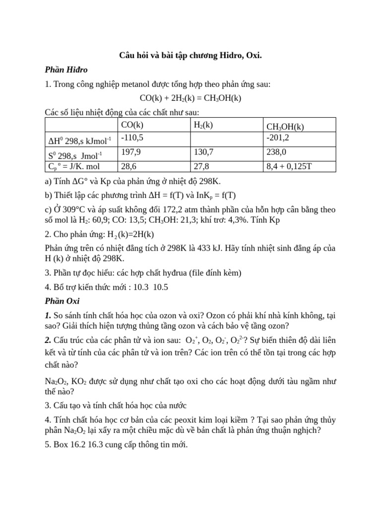 Câu hỏi và bài tập chương Hidro | PDF