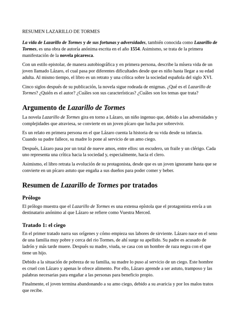 Resumen de Lazarillo de Tormes | PDF | Historia