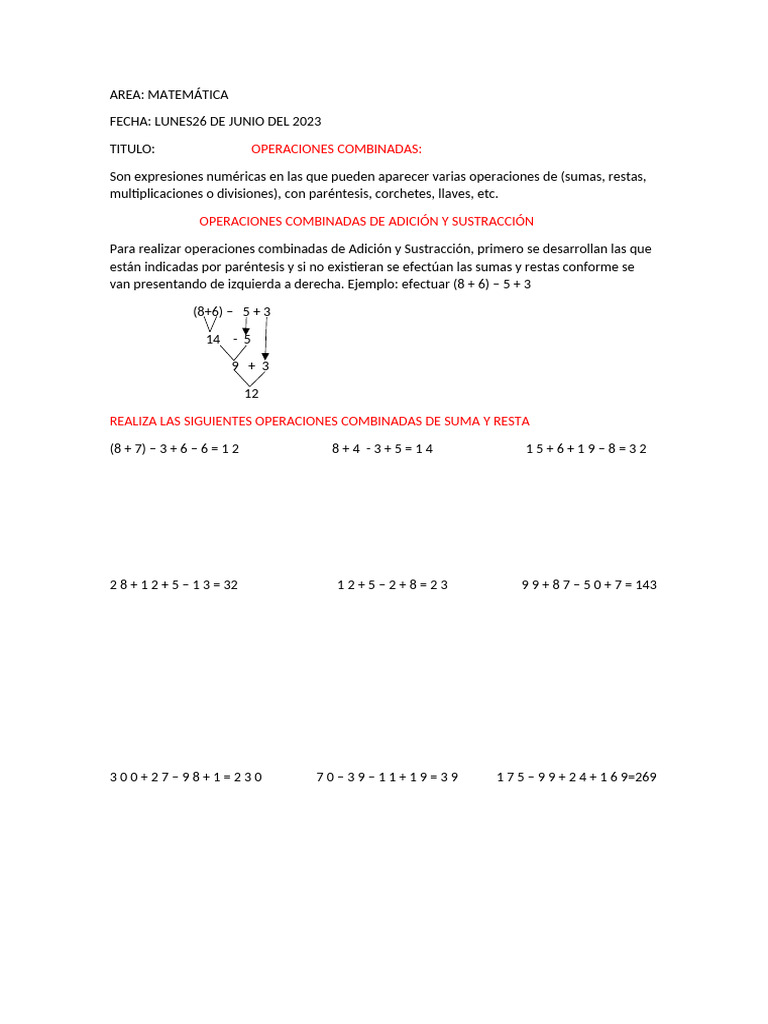 Operaciones Combinadas Matemática | PDF
