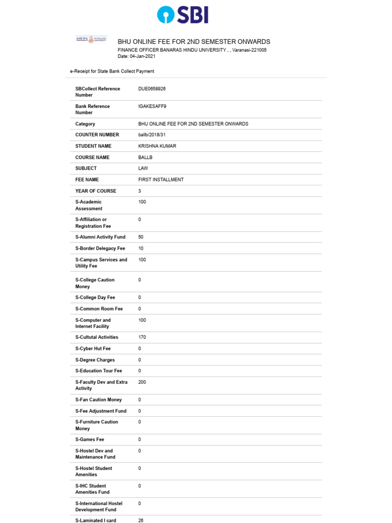 Bhu Fee Receipt 3rd Year | PDF