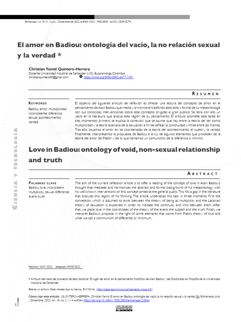 El Amor en Badiou Ontologia Del Vacio La No Relaci | PDF