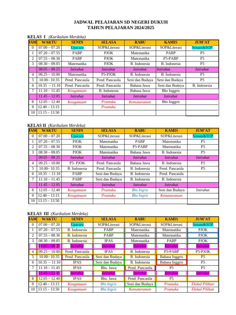 Jadwal Pelajaran SDN Dukuh 2024-2025 | PDF