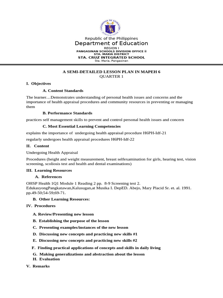 Semi Detailed LP MAPEH 6 D5week4q1 | PDF