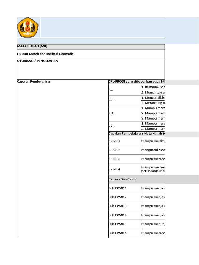 Format RPS OBE (S1 Hukum Merek Dan Indikasi Geografis) 16 Juli 2023 | PDF