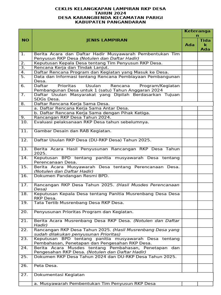 Ceklis Kelangkapan RKP Desa | PDF