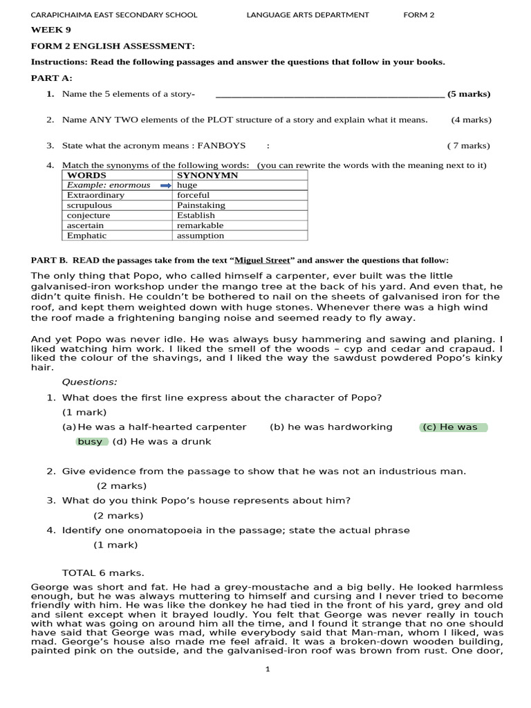 Form 2 English Week 9 Assessment | PDF | Language Arts & Discipline