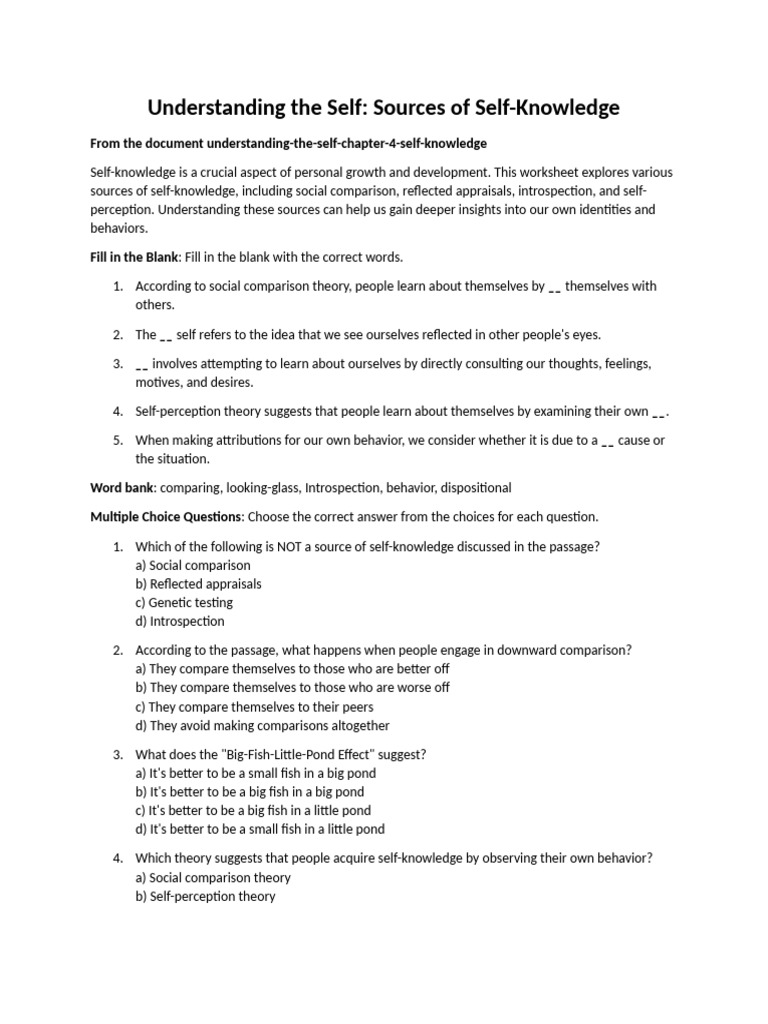 Understanding The Self Chapter 4 Self Knowledge Worksheet | PDF