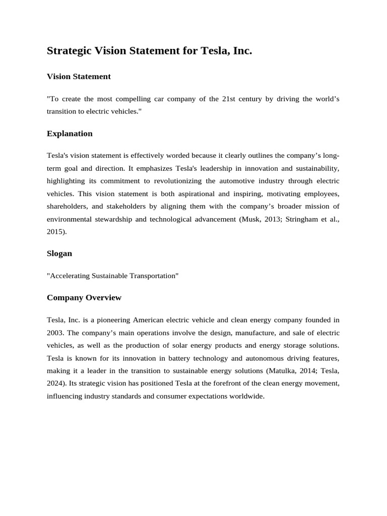 Strategic Vision Statement For Tesla, Inc. | PDF