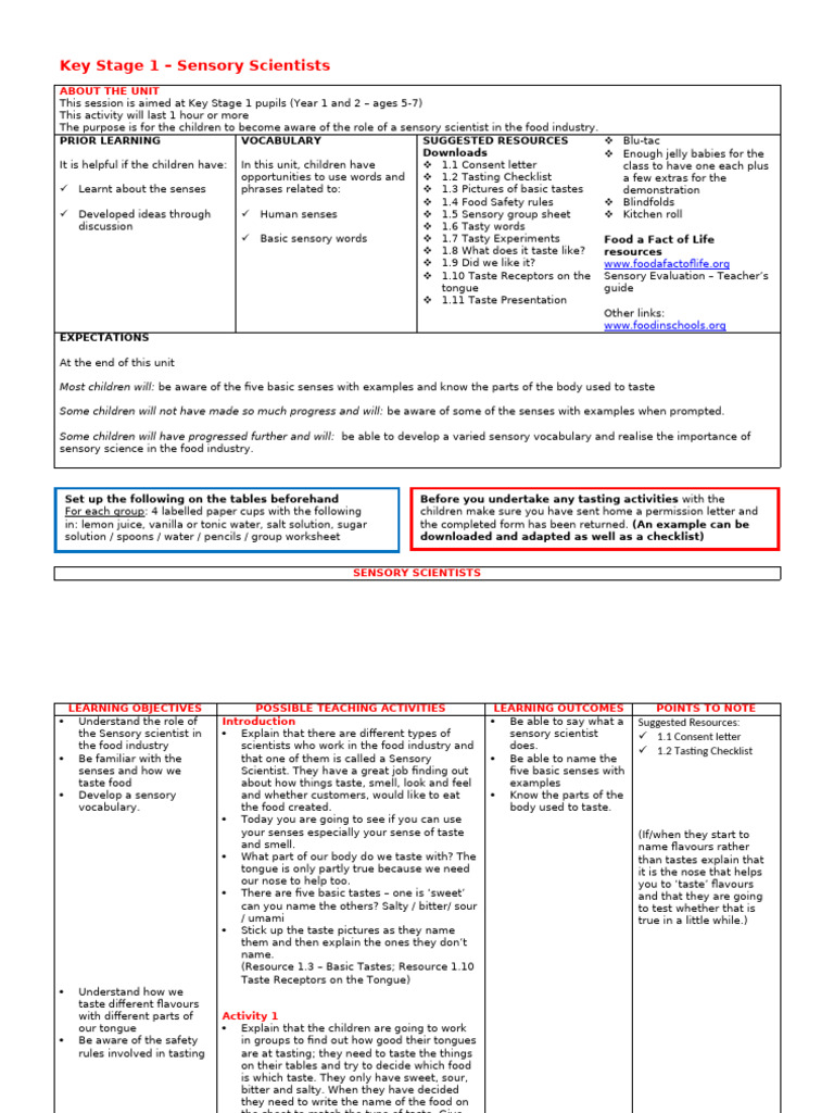 KS1 Taste Lesson Plan FINAL 12-8-11 | PDF