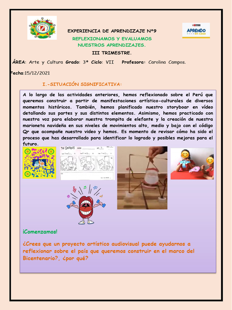 Experiencia de Aprendizaje 9. 5°grado Arte y Cultura | PDF | Evaluación | Aprendizaje