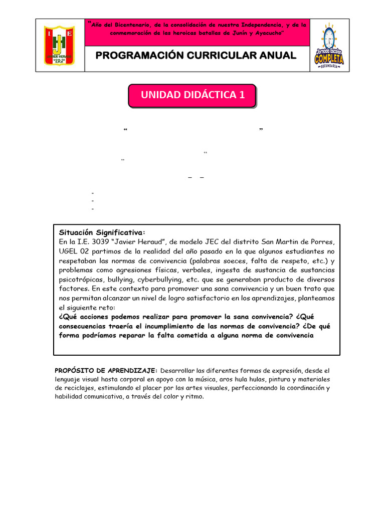 Unidad Didactica 1 Arte 1 y 2 Tres Semanas 2024-1 | PDF | Aprendizaje