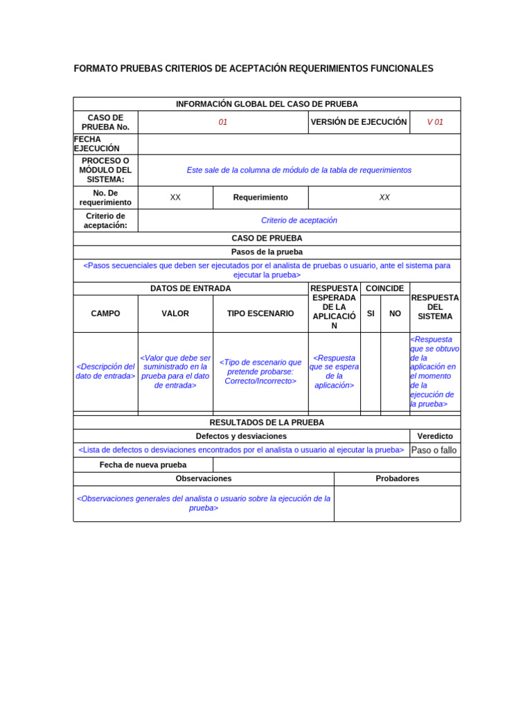Formato Pruebas Criterios de Aceptación Requerimientos Funcionales | PDF