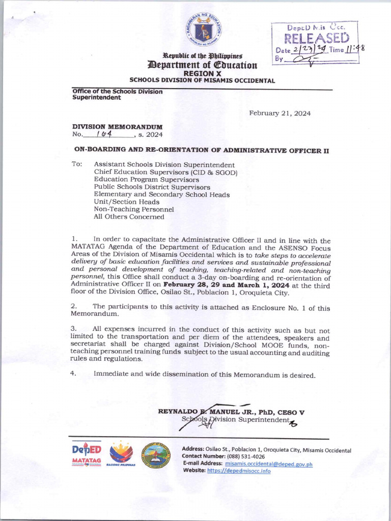 DM 164 S. 2024 On Boarding and Re Orientation of Ao Ii | PDF