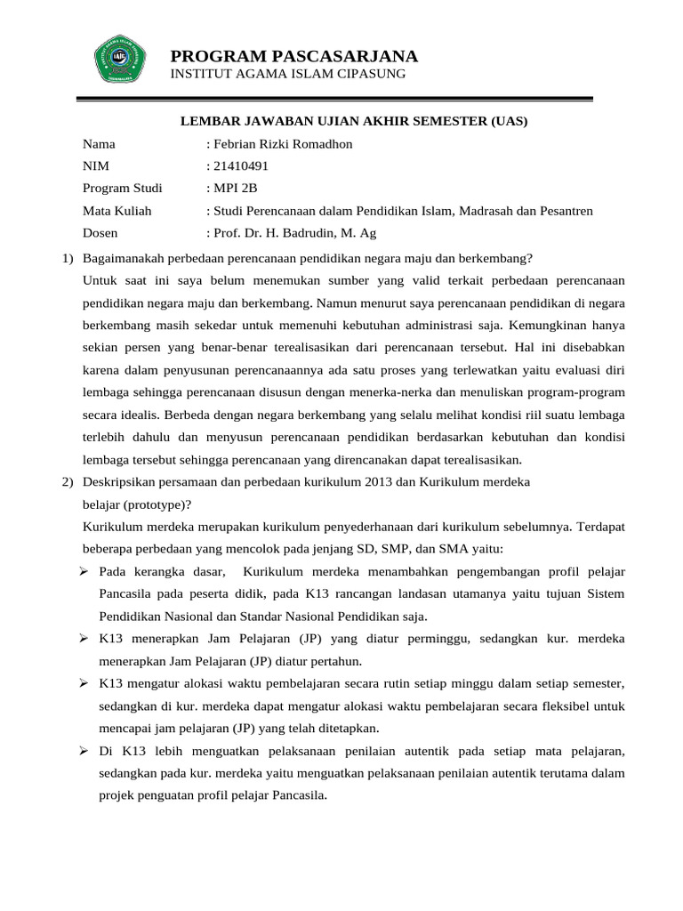 UAS - Febrian - MPI 2B - Prof. Dr. H. Badrudin, M. Ag. | PDF