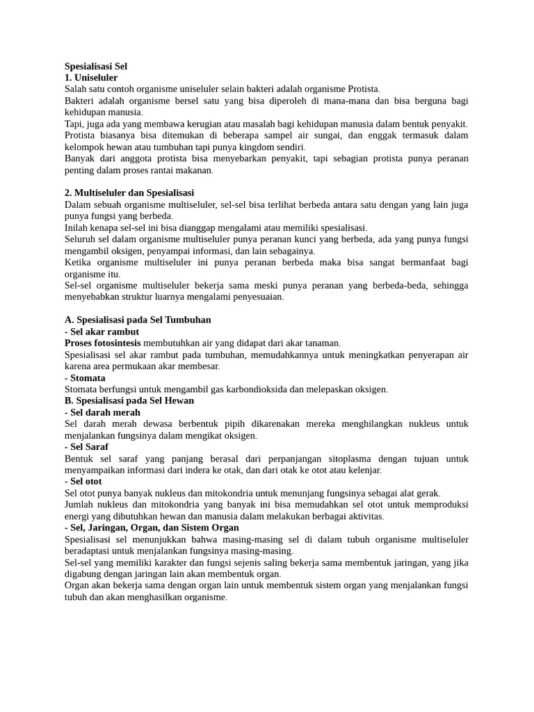 Materi Spesialisasi Sel | PDF