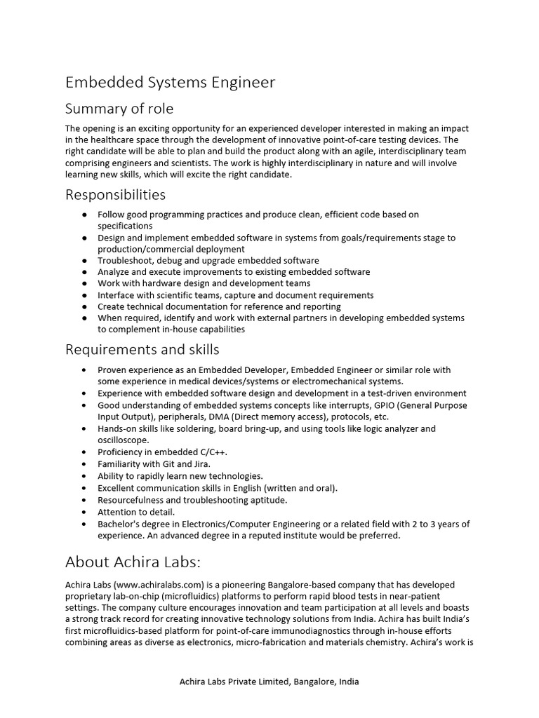 Achira Embedded Developer JD | PDF | Embedded System | Business
