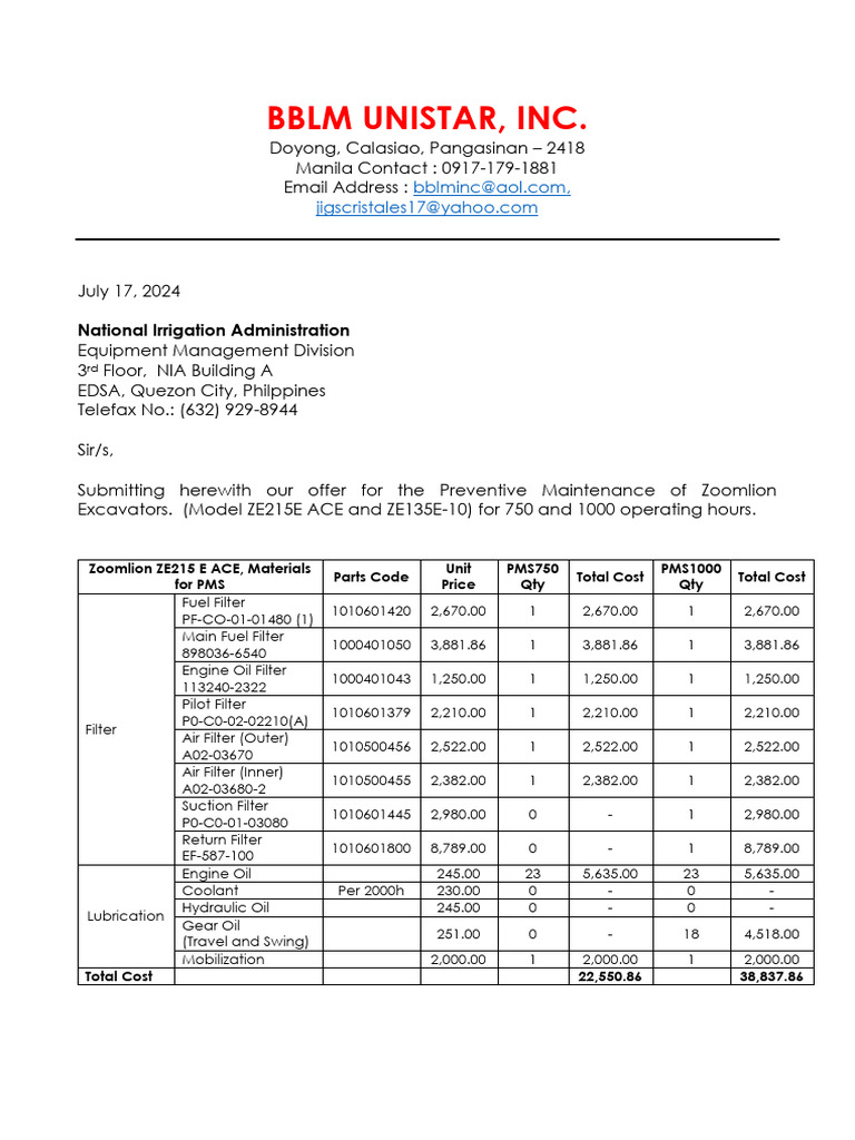 PMS Quotation 750 & 1000 Hrs | PDF