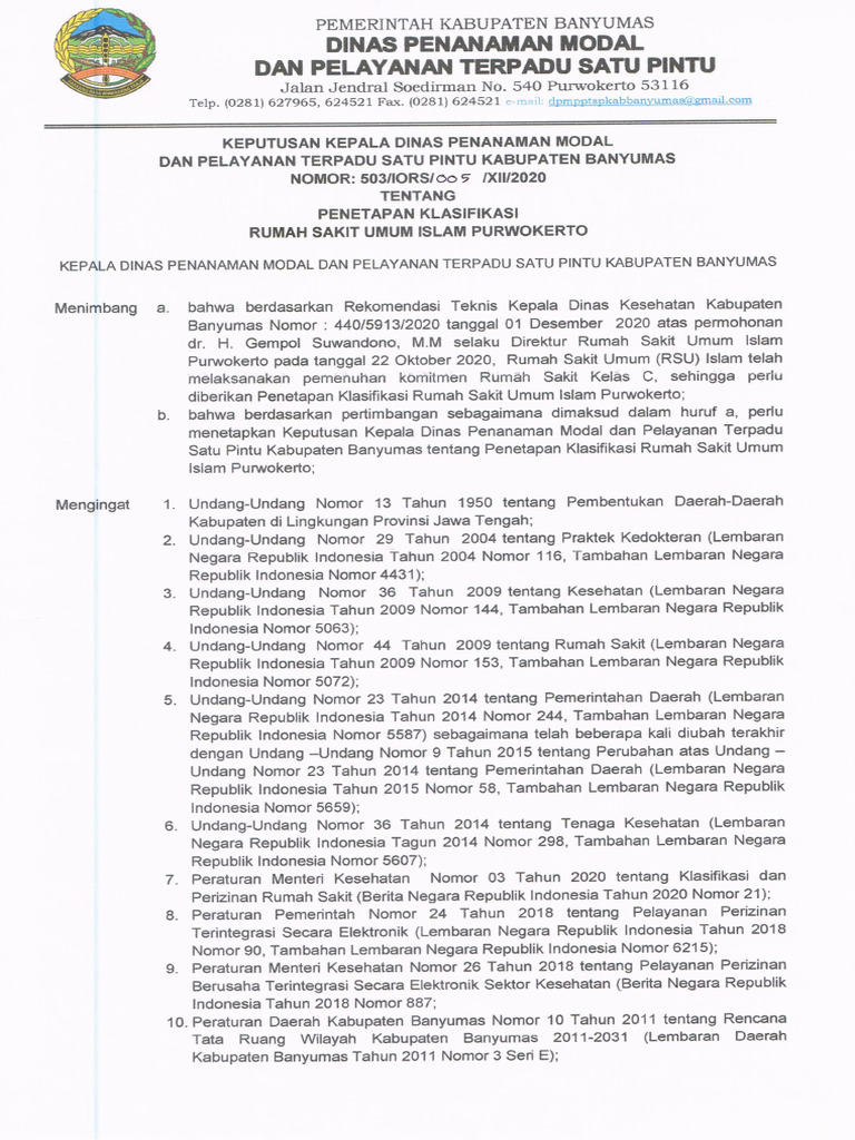 SK TTG Penetapan Klasifikasi Rsip Kelas C Desember 2020 - 000067 | PDF