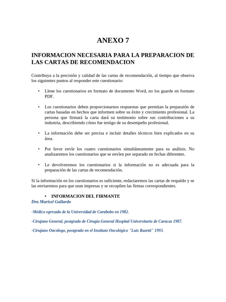 Dra Marisel Gallardo - Cuestionario Cartas de Recomendacion | PDF