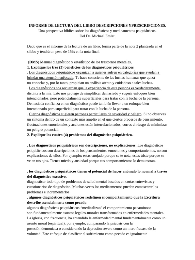 Informe de Lectura Del Libro Descripciones Yprescripciones | PDF