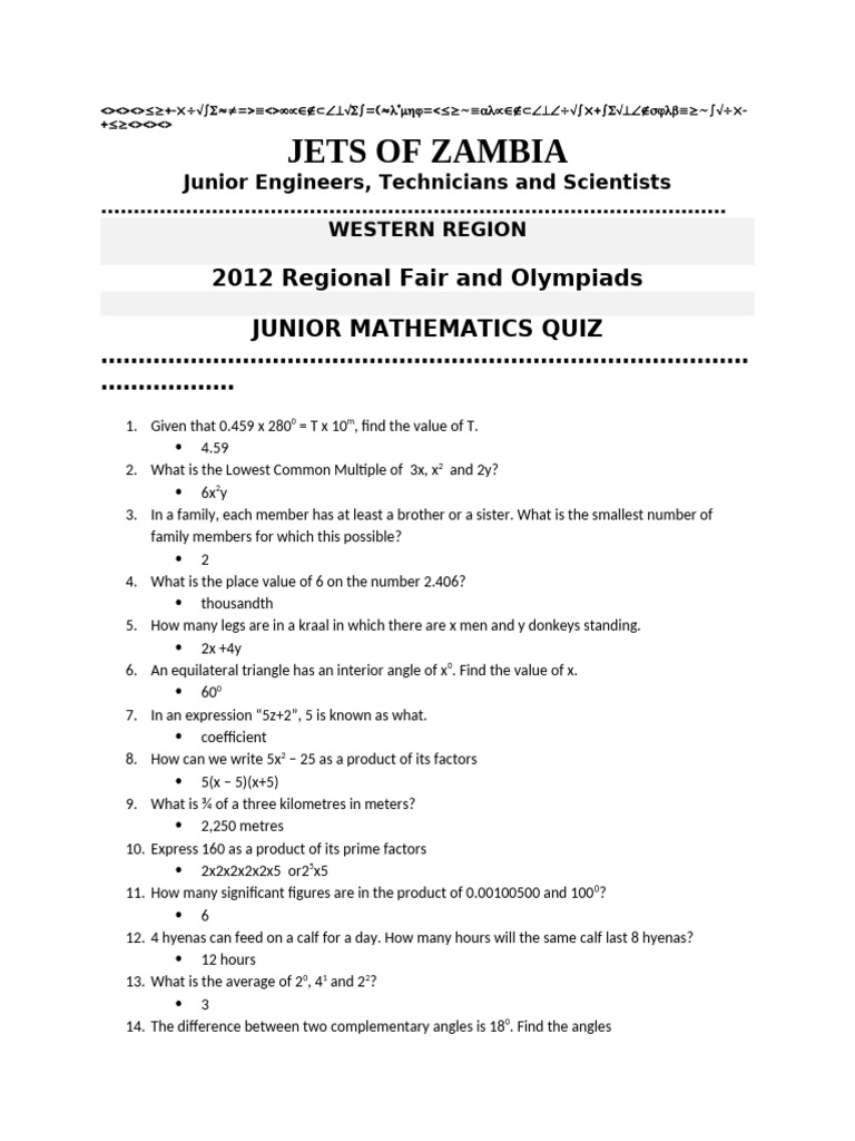 2012 Junior Maths Quiz | PDF