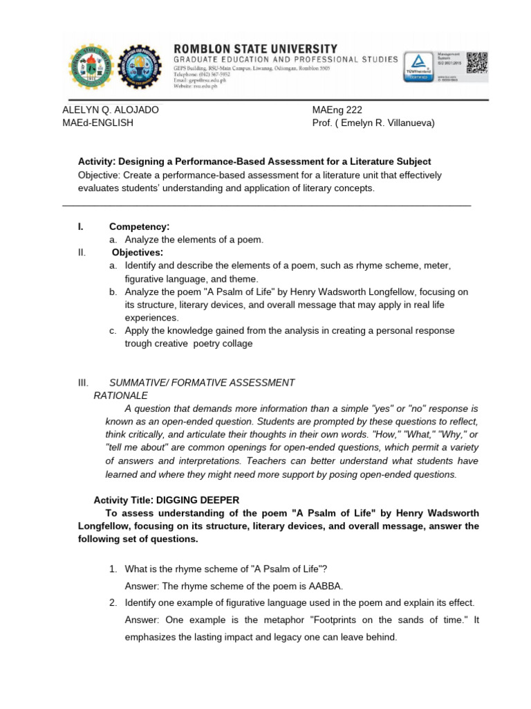 Performance-Based Assessment for Poetry | PDF | Poetry | Language Arts ...