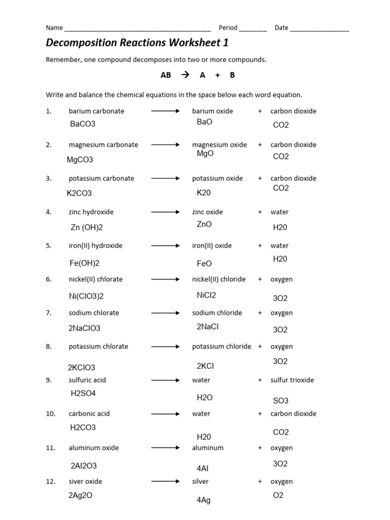 Worksheet - Decomposition Equations | PDF