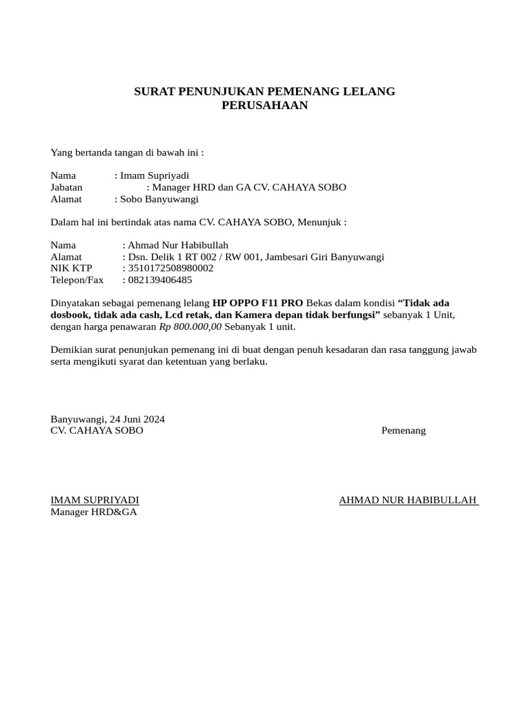 Surat Penunjukan Pemenang Lelang | PDF