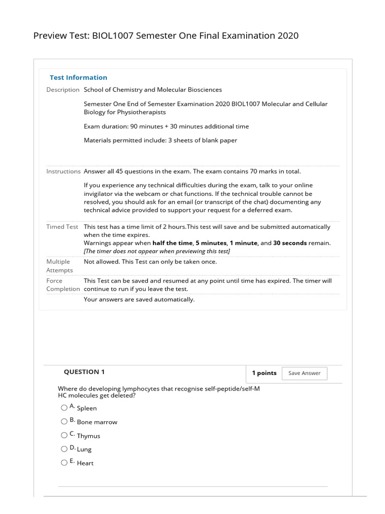 Semester One Final Examinations 2020 BIOL1007 | PDF